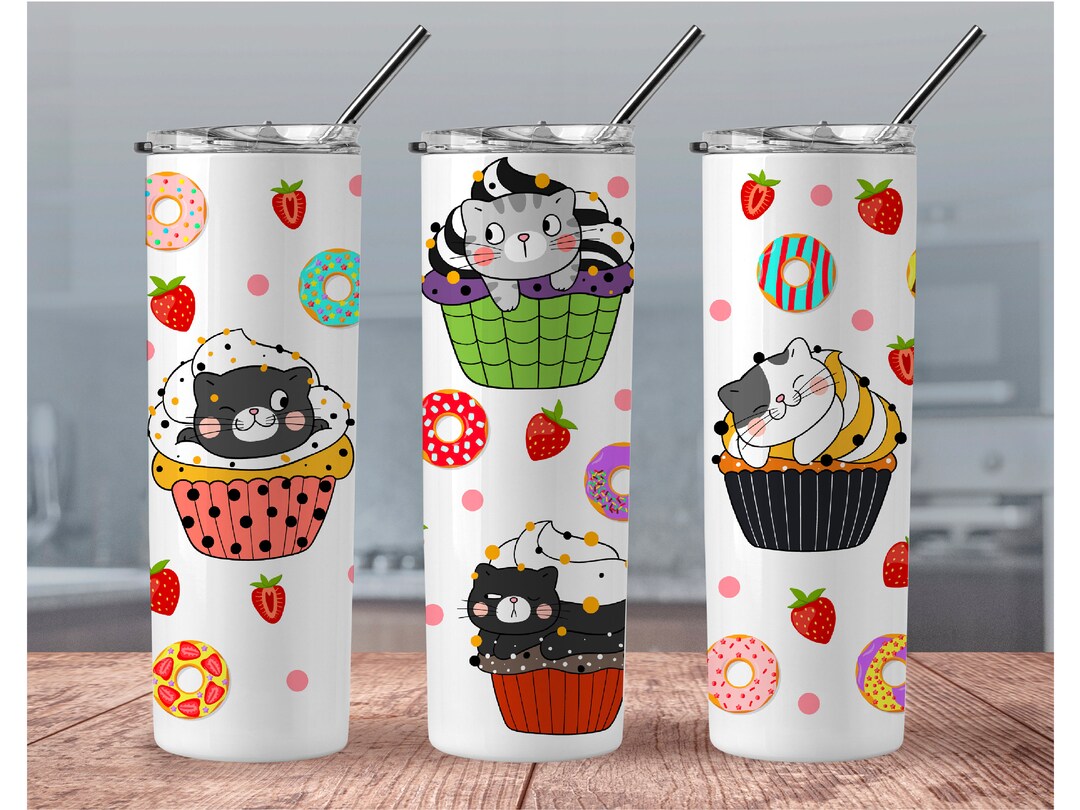 Kawaii Cat Cupcake Tumbler, Glass Cup With Bamboo Lid, Glass Cup With ...