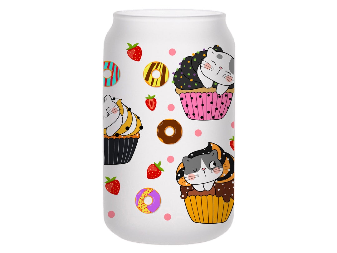 Kawaii Cat Cupcake Coffee Cup, Glass Cup With Bamboo Lid, Glass Cup ...