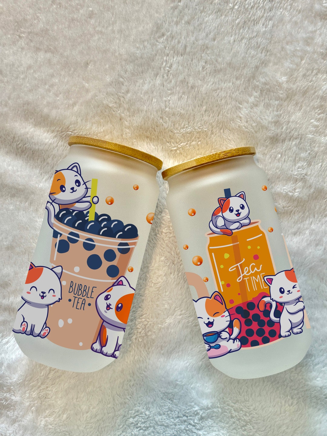 Kawaii Cat Dessert Coffee Cup, Glass Cup With Bamboo Lid, Glass Cup ...