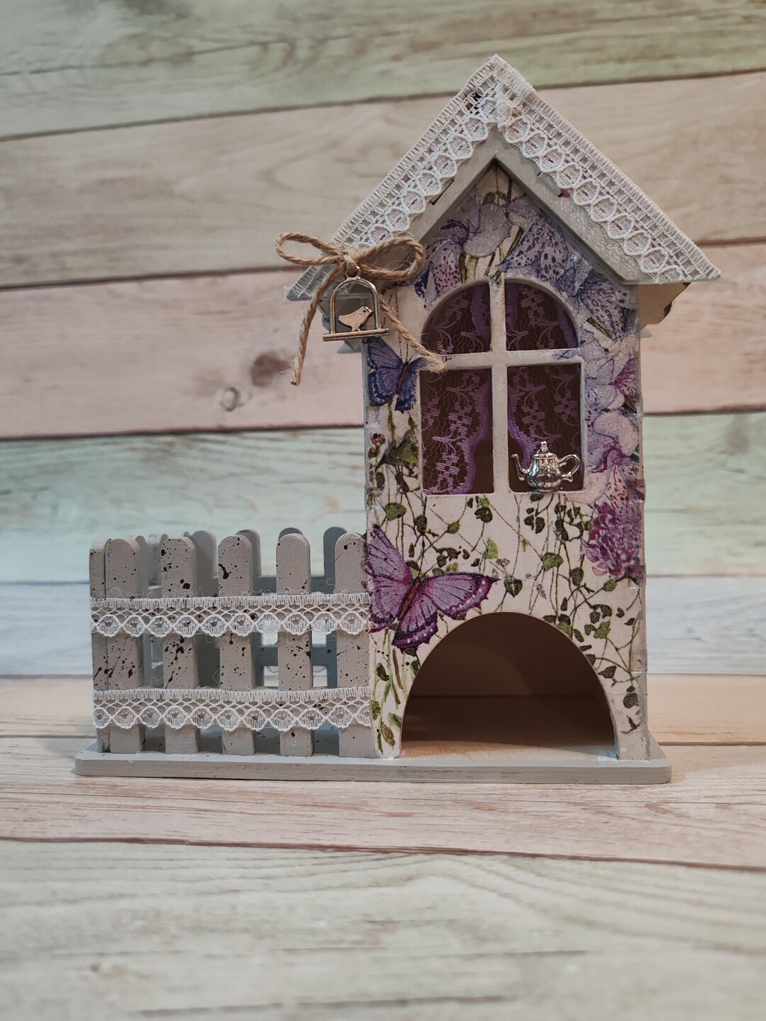 Rustic Wooden Tea Bag House: Butterfly Decor Tea Storage Organizer ...