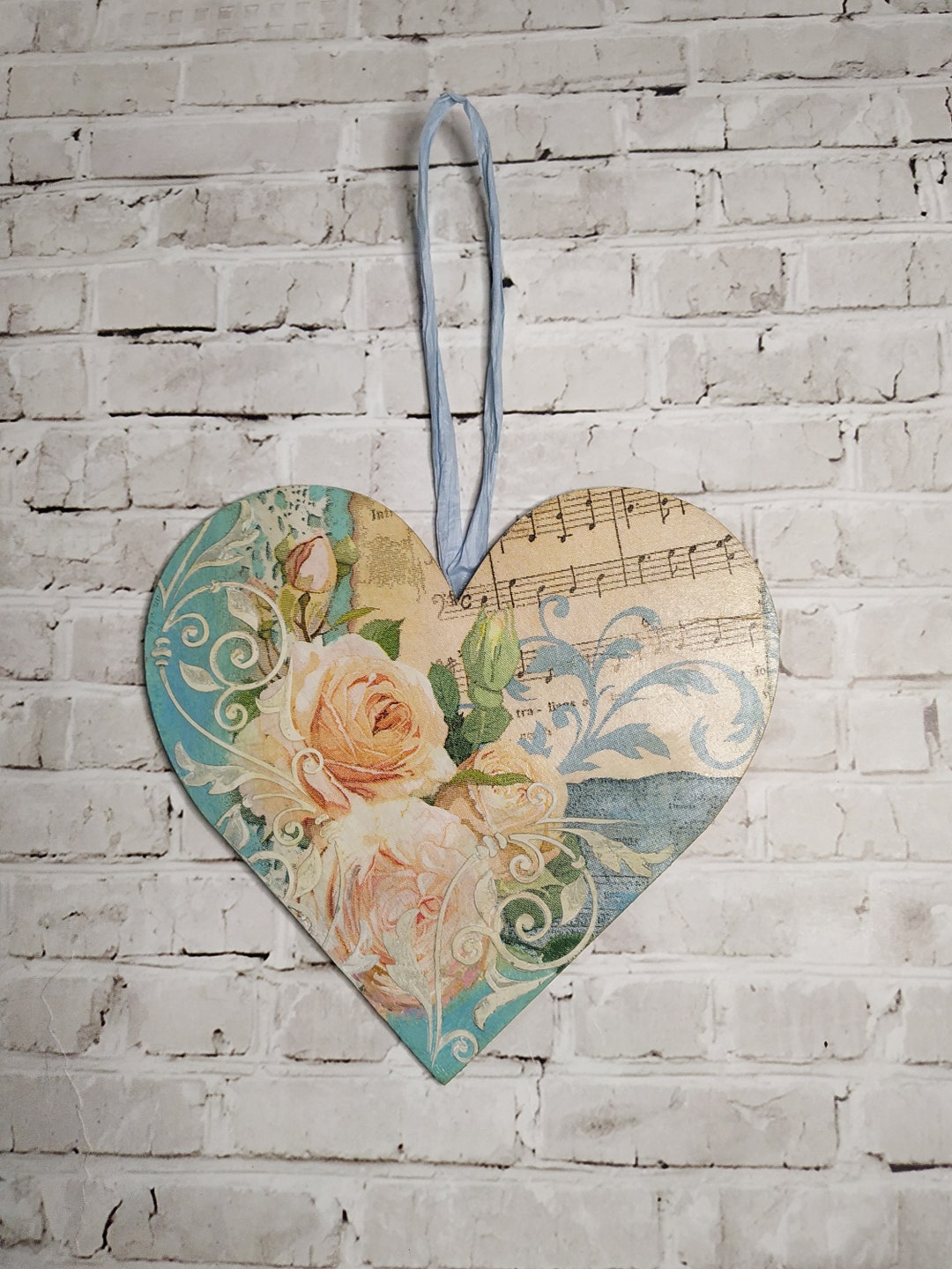 Decoupage Heart Wall Decor: Floral Bird Accent, Handmade Wood Ornament ...