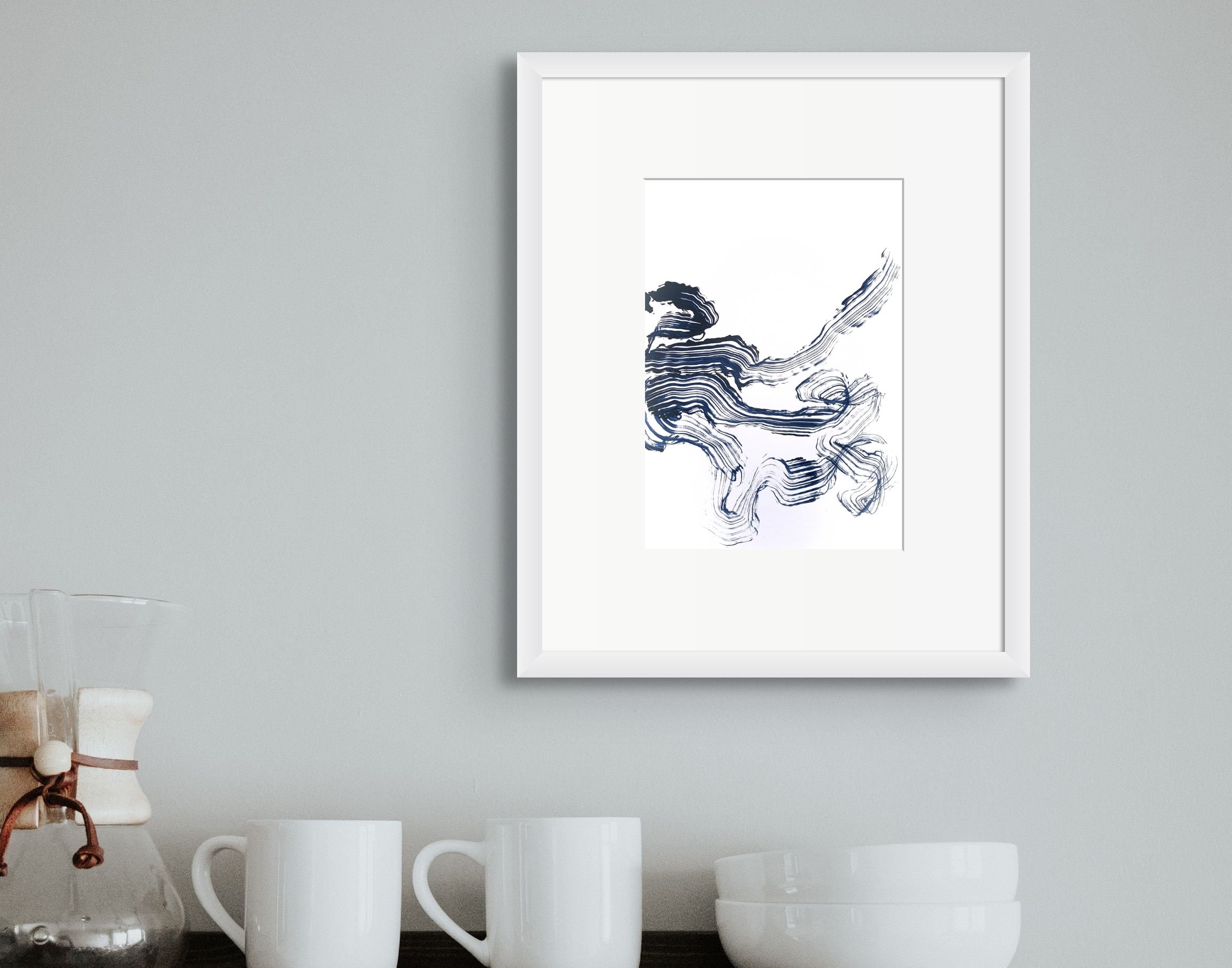 Dark Blue Abstract Art, Simple Lines Blue Artwork, Small Artwork in ...