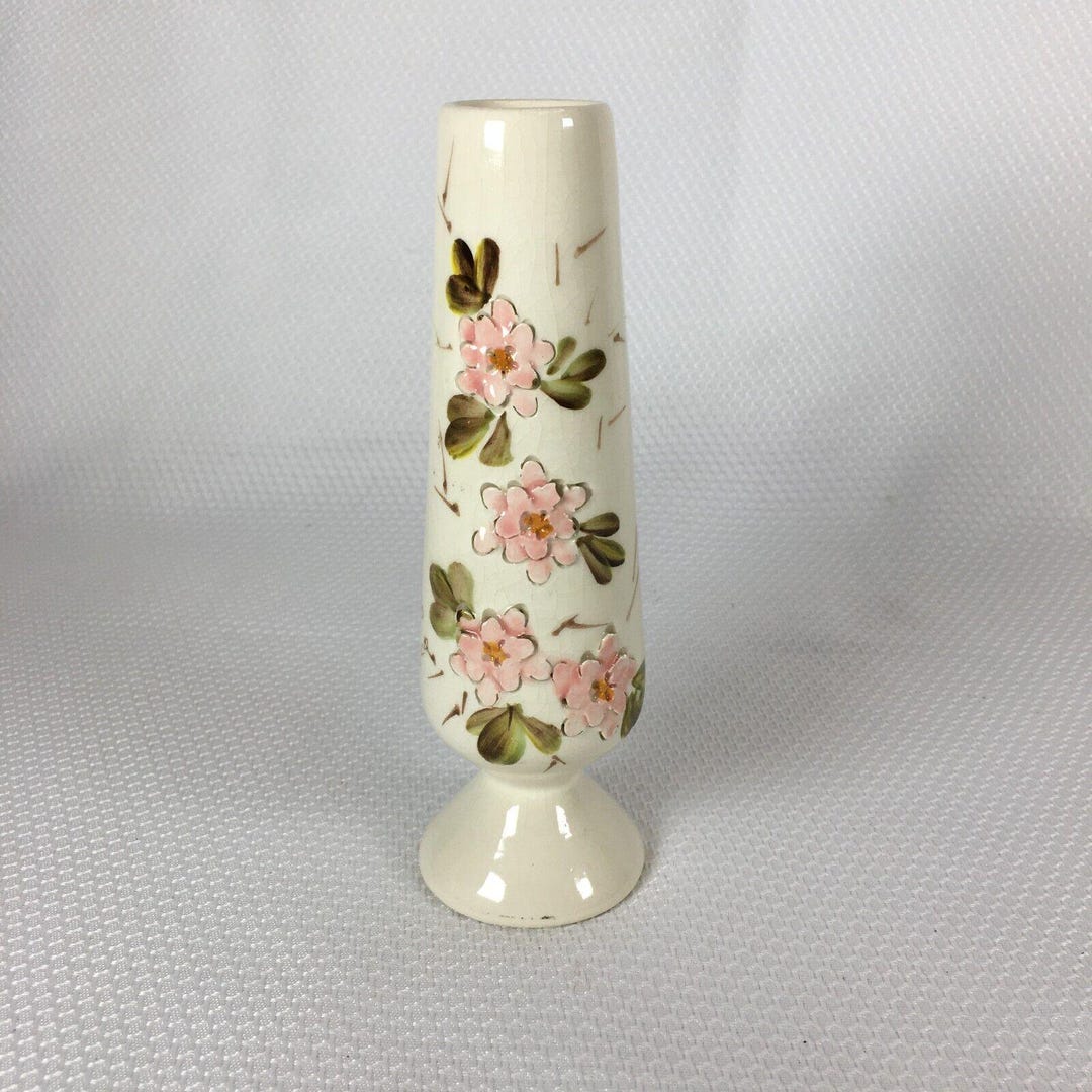Vintage Porcelain Ceramic Bud Vase Pink Raised Flowers Hand Painted ...