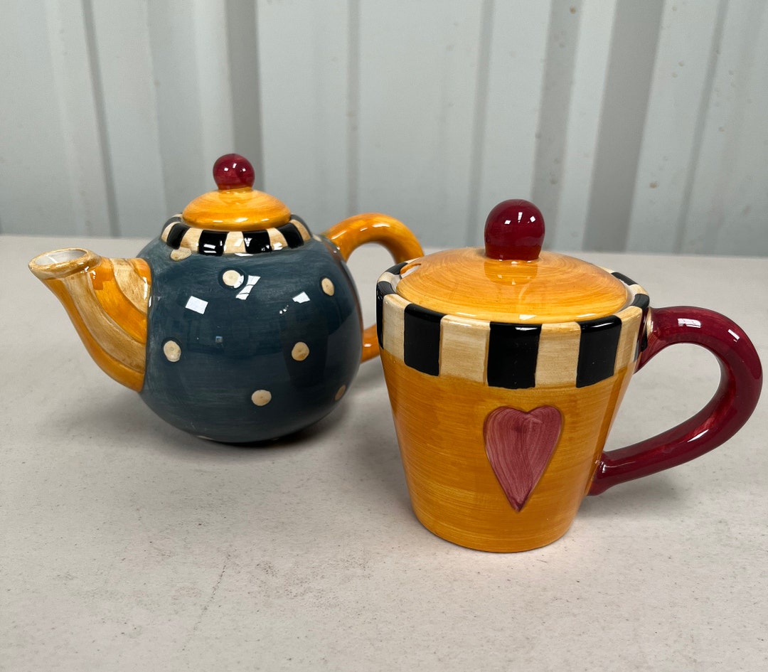 Debbie Mumm Teapots Sakura Hand Painted Cream & Sugar Set 1998 Blue ...