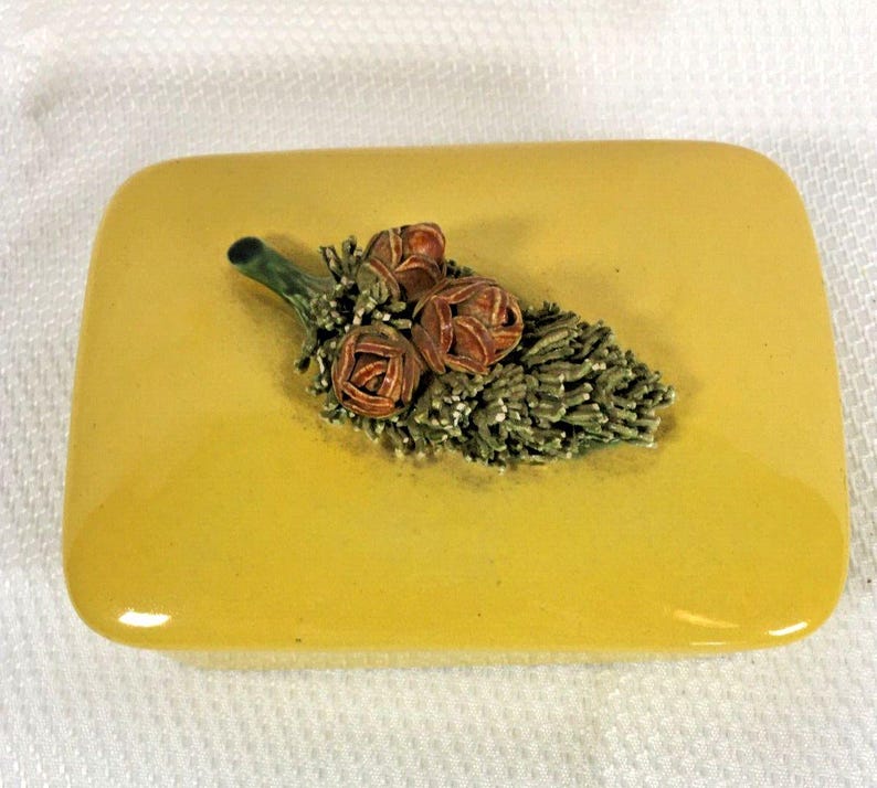 Vtg 3pc Hand Crafted Yellow Vanity Dish Trinket Box California Pottery ...