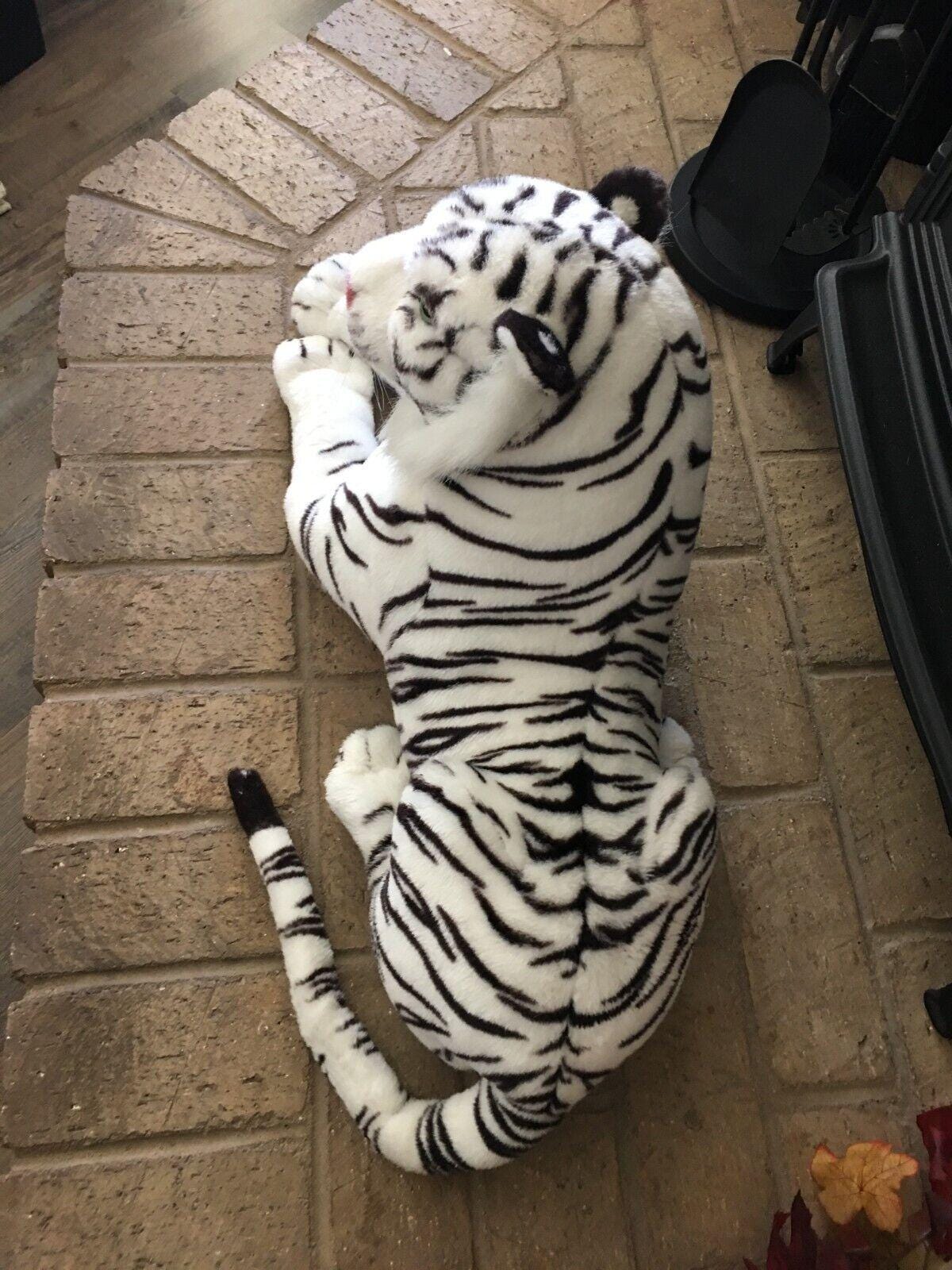 Large Realistic White Stuffed Tiger Plush Greenish Gray Eyes Laying ...