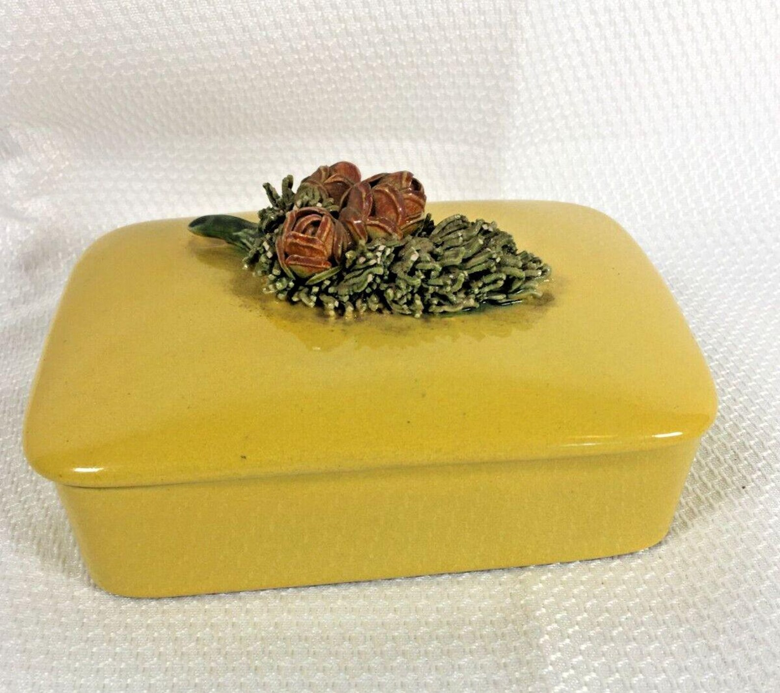 Vtg 3pc Hand Crafted Yellow Vanity Dish Trinket Box California Pottery ...