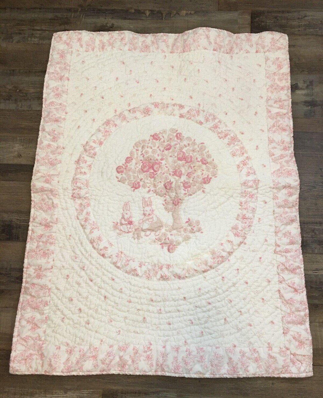 Vintage Baby Crib Quilt Pink White Rabbits Under a Tree Floral Print - Etsy