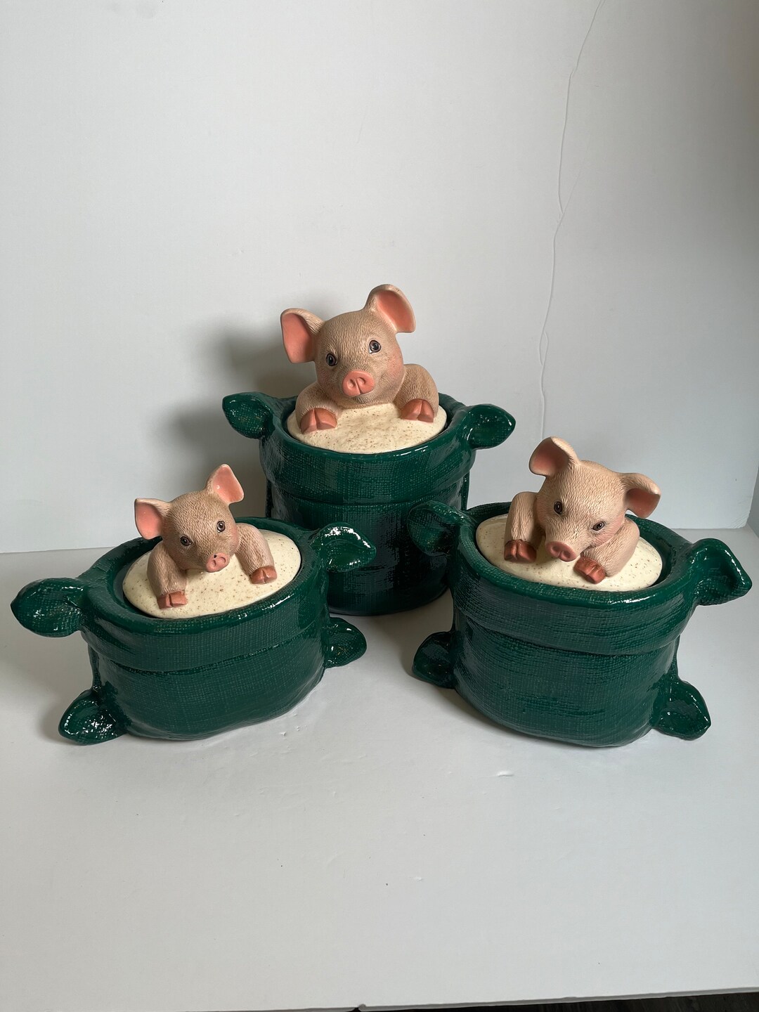 Barnyard Farmhouse Pigs in Burlap Sacks Ceramic Canister Set of 3 Green ...