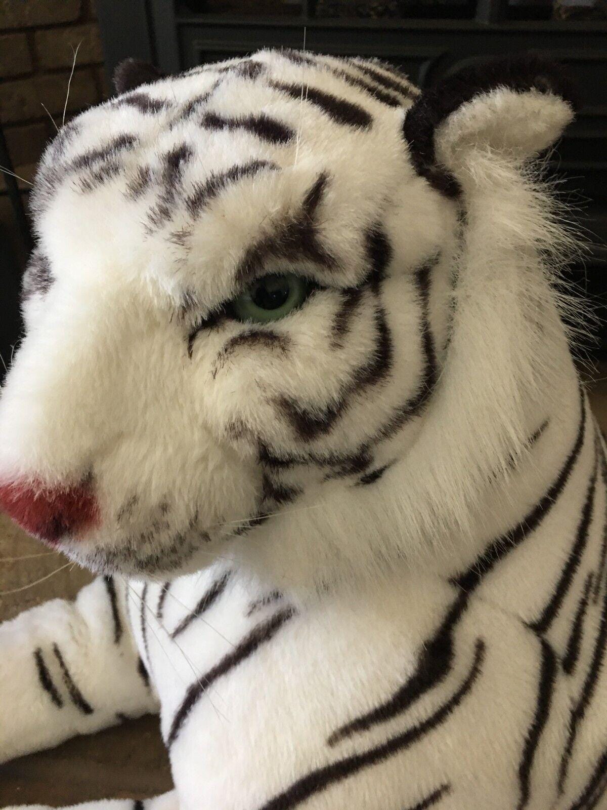 Large Realistic White Stuffed Tiger Plush Greenish Gray Eyes Laying ...