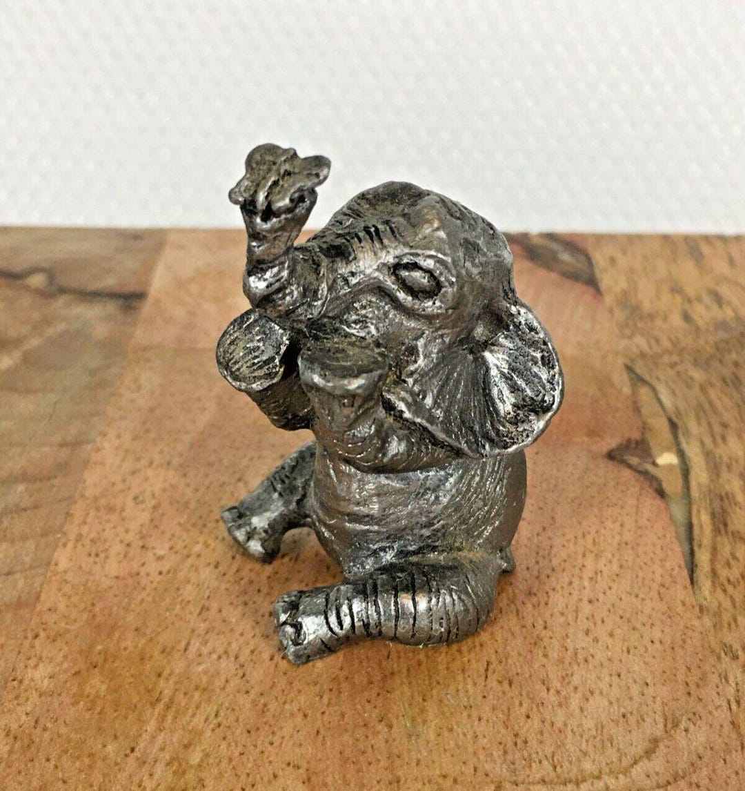 Vintage Pewter Sitting Elephant With Butterfly Mini Figurine Signed RG ...