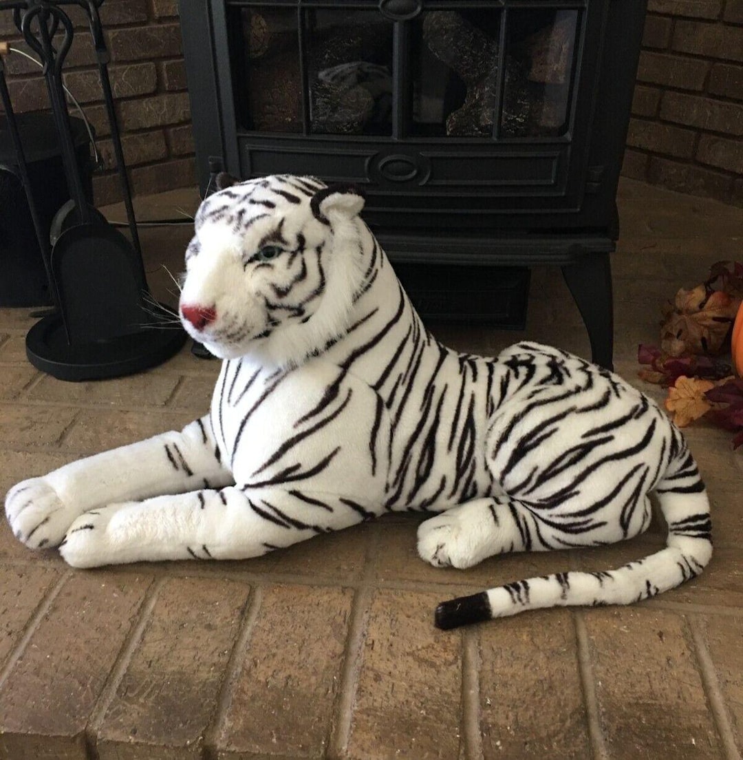 Large Realistic White Stuffed Tiger Plush Greenish Gray Eyes Laying ...