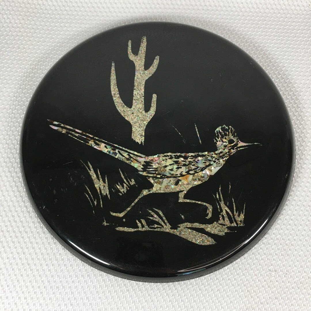 Vtg Plympton's Black Lucite Genuine Abalone Shell Trivet Roadrunner ...