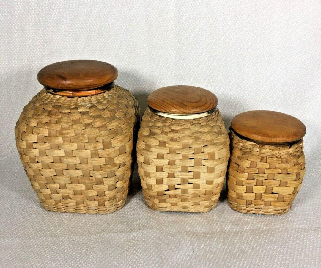 Vintage Glass Canisters Rattan Sleeves Wooden Lids Set of 3 - Etsy