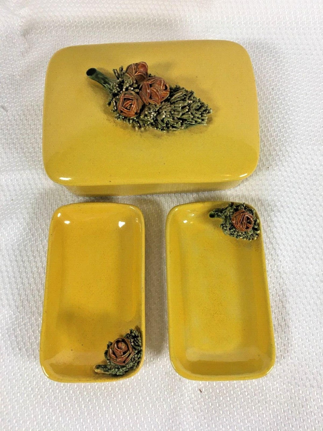 Vtg 3pc Hand Crafted Yellow Vanity Dish Trinket Box California Pottery ...