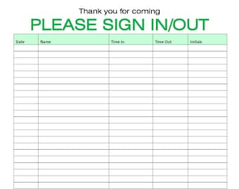 Sign in and Out Sheet Printable Form, Digital File, Instant Download ...