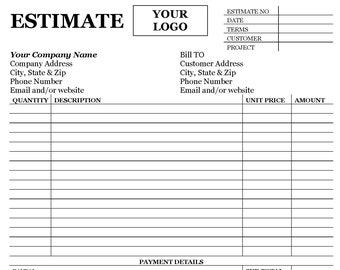 ESTIMATE-INVOICE Documented Template Printable Form Editable Instant ...