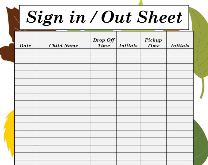 Daycare Nursery Daily Sign In/out Sheet Digital Download PDF & Word ...
