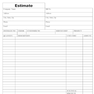 Printable Estimate Invoice Form | Business Template (downloadable) - Etsy