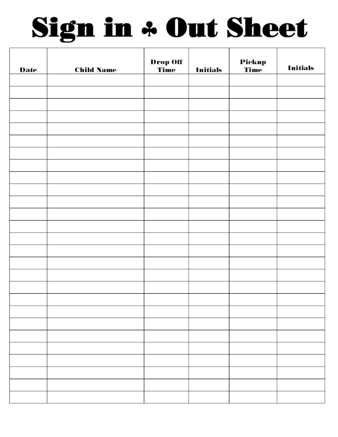 Sign in Sheets for Daycare, School, Preschool, Sports, Recreational ...