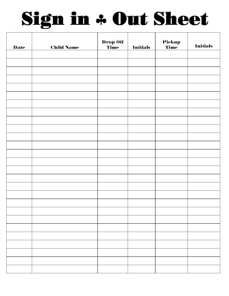 Sign in Sheets for Daycare, School, Preschool, Sports, Recreational ...