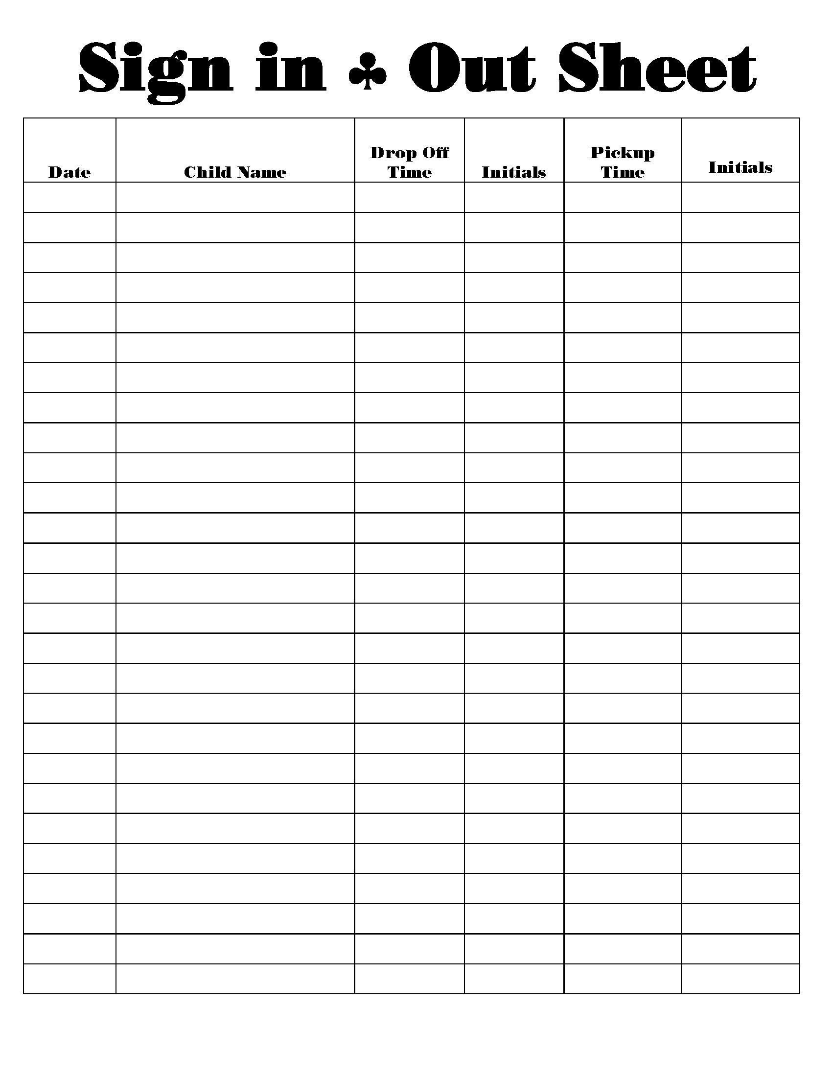 Sign in Sheets for Daycare, School, Preschool, Sports, Recreational ...
