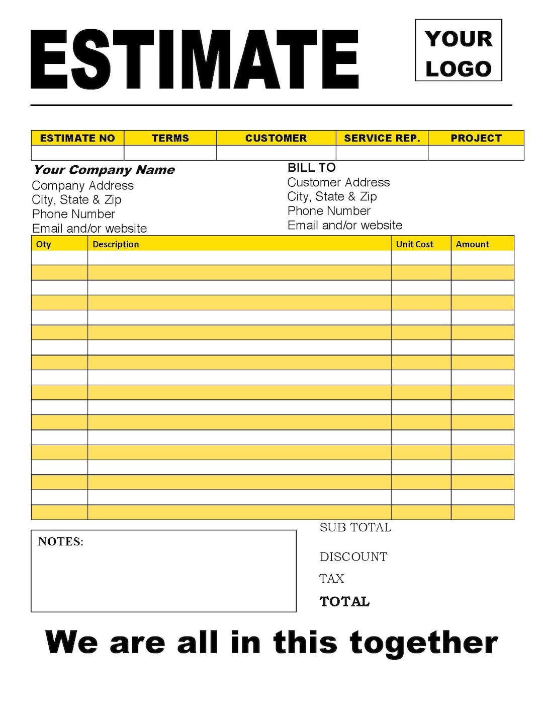 ESTIMATE-INVOICE Fall Yellow Template | Printable | Word | Instant ...