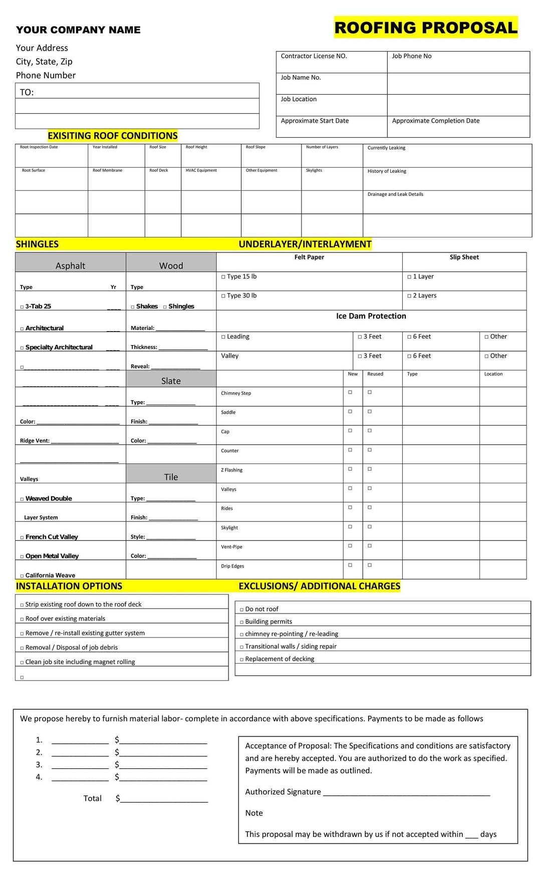Roofing Proposal Templates | PRINTABLE FORM (8.5 by 14) Legal Document ...