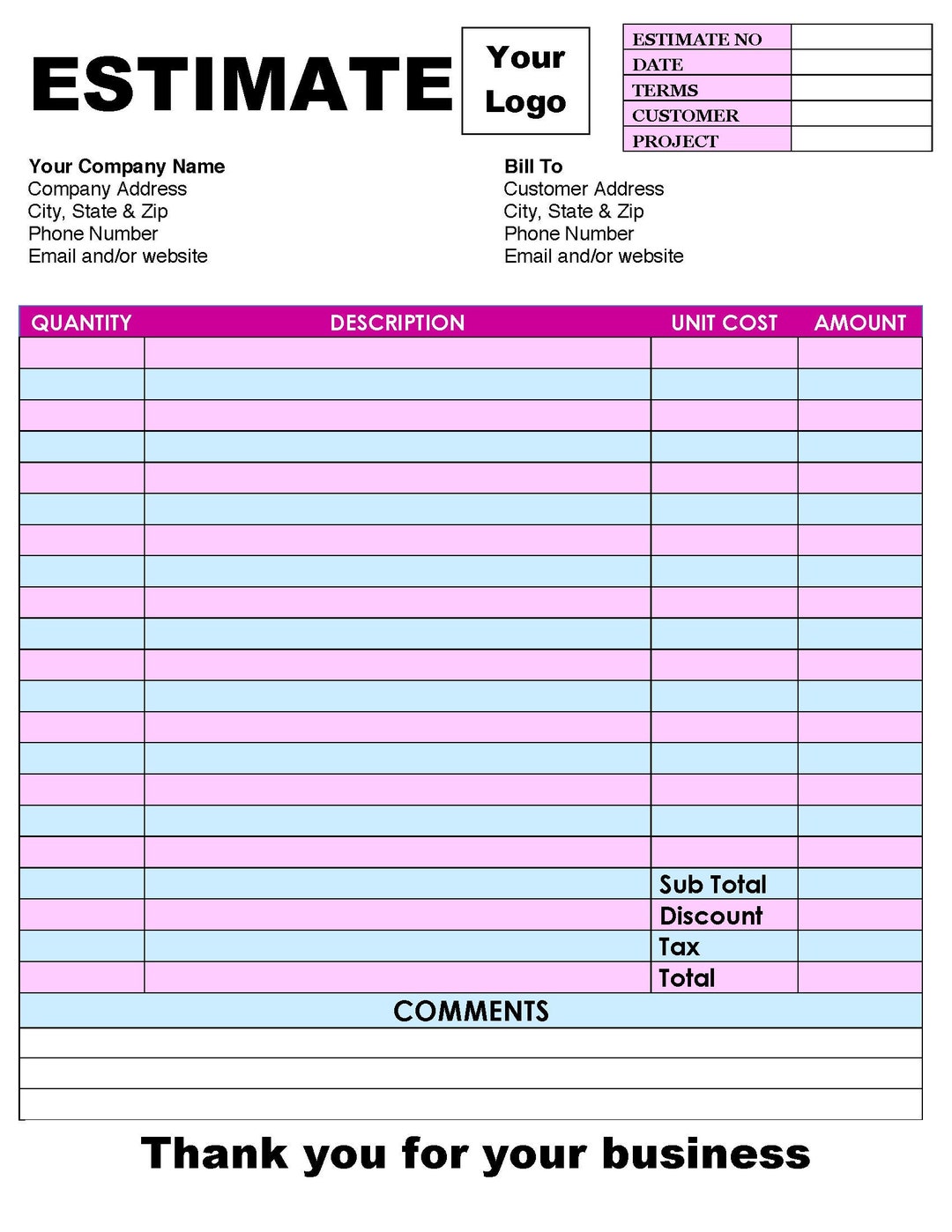 ESTIMATE-INVOICE Template Dark-light Pink Aqua Printable - Etsy