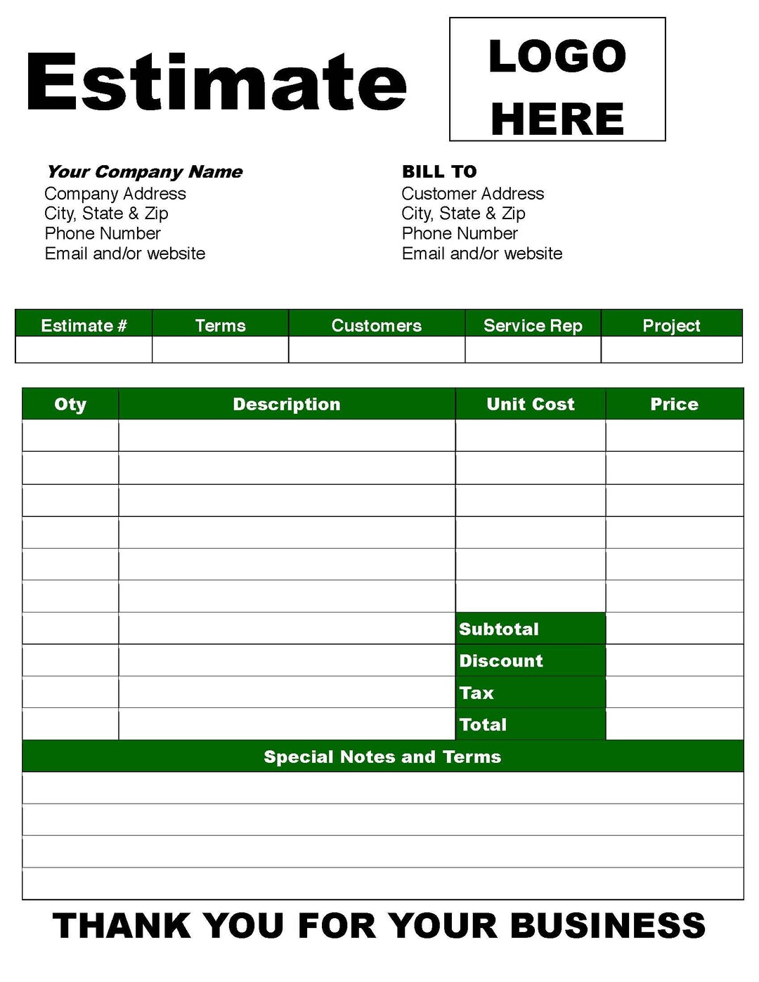 Estimate- Invoice Template | Fall Green |printable Invoice | Business ...