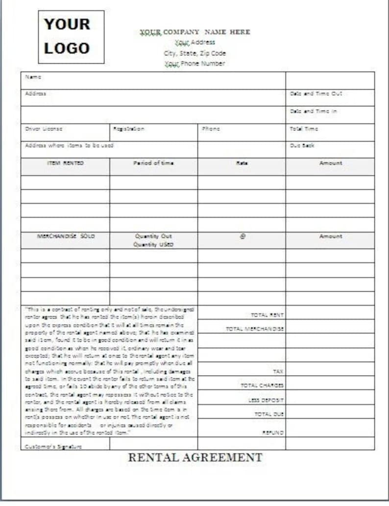 Rental Agreement Templates | PRINTABLE FORM (8.5 by 11) Legal Document ...