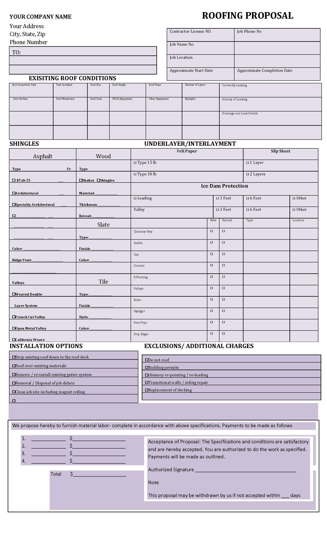Roofing Proposal Templates | Light Violet Print | PRINTABLE FORM (8.5 ...