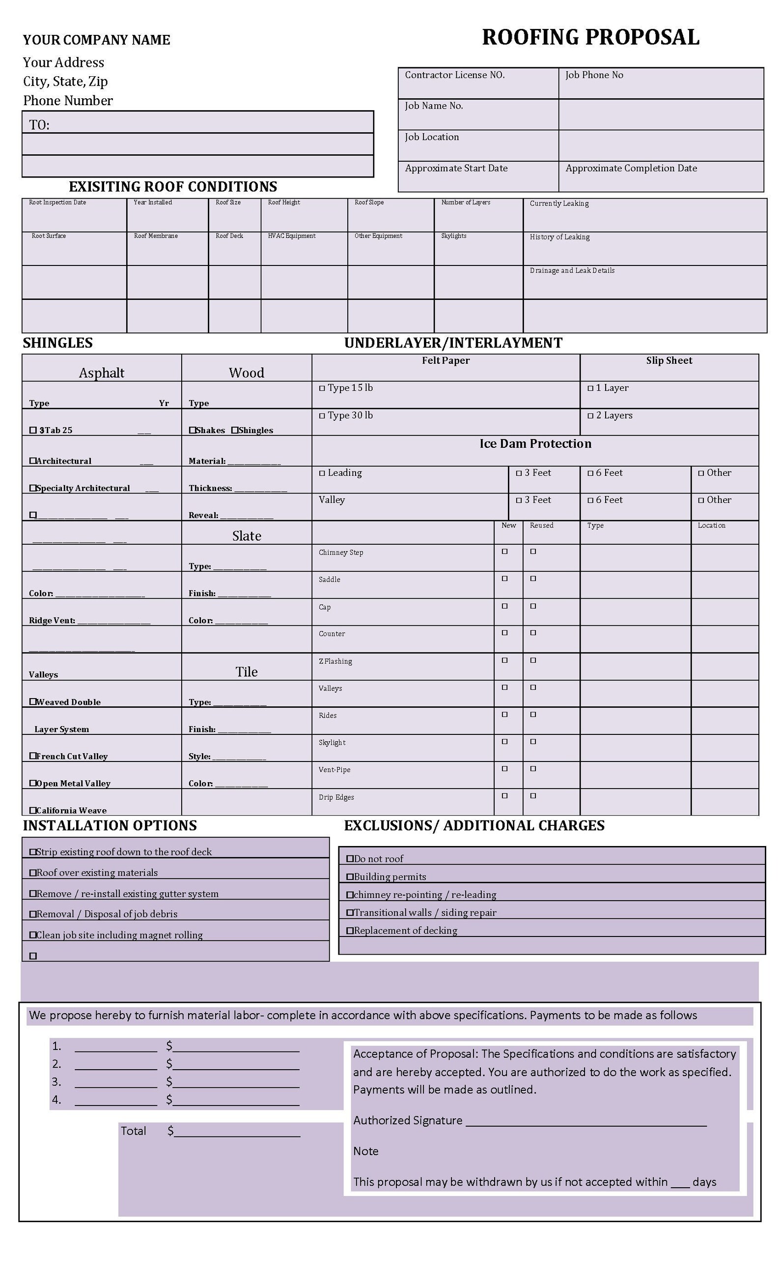 Roofing Proposal Templates | Light Violet Print | PRINTABLE FORM (8.5 ...