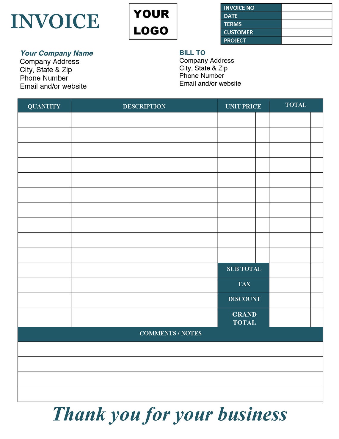 ESTIMATE-INVOICE Aqua Template | Printable Form | Instant Download ...