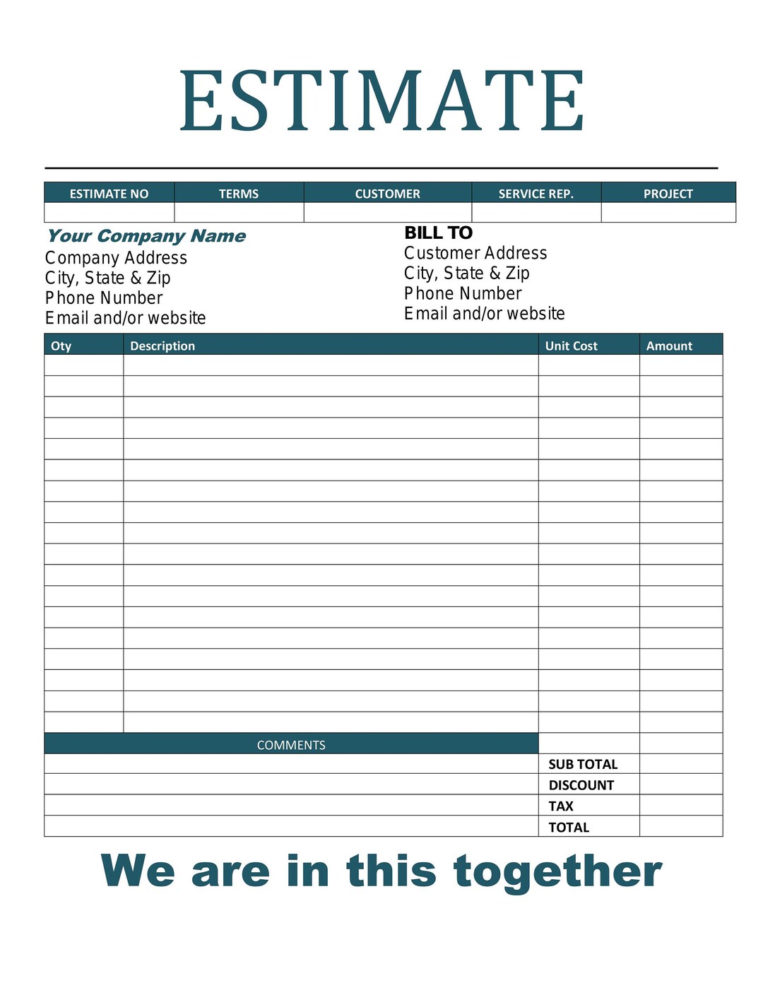 ESTIMATE-INVOICE Dark Aqua template printable Form - Etsy