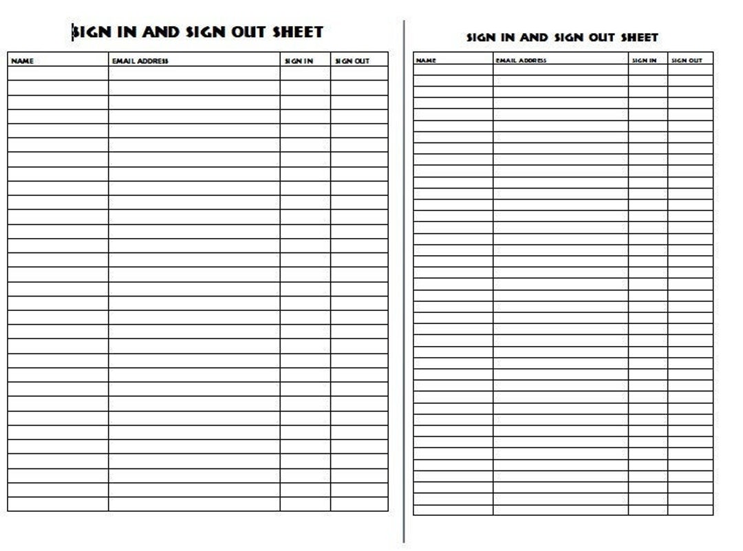 Sign in and Out Sheet Printable Form, Digital File, Instant Download ...