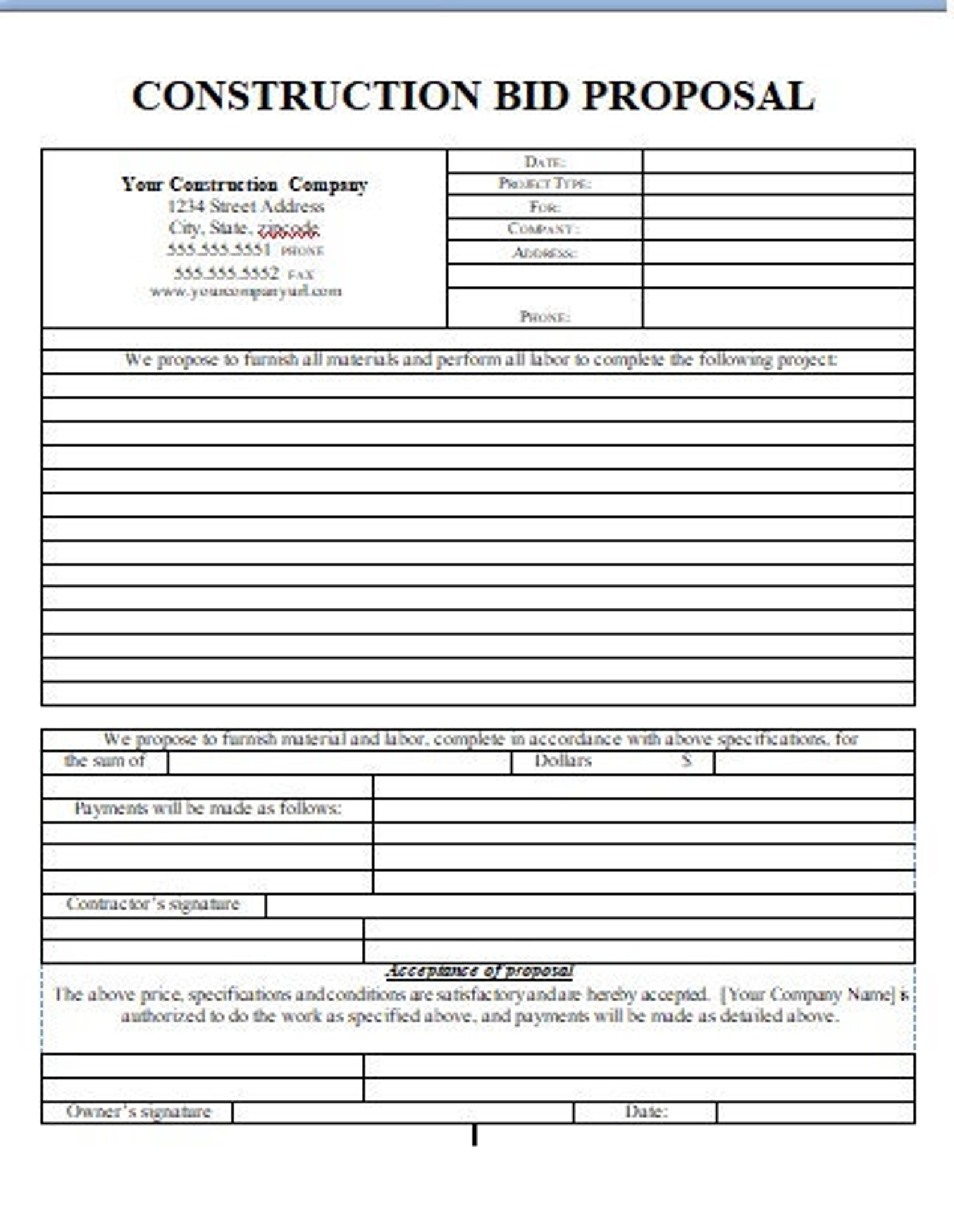 Bid Contruction Proposal Templates | PRINTABLE FORM (8.5 by 11) Letter ...