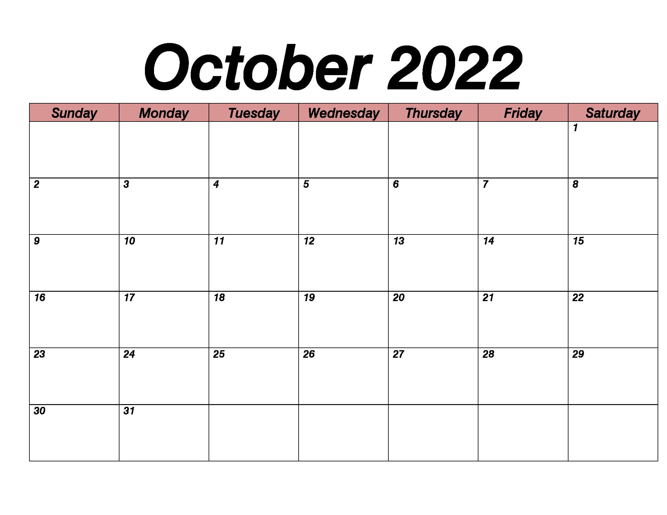 Printable Blank Calendar October 2022
