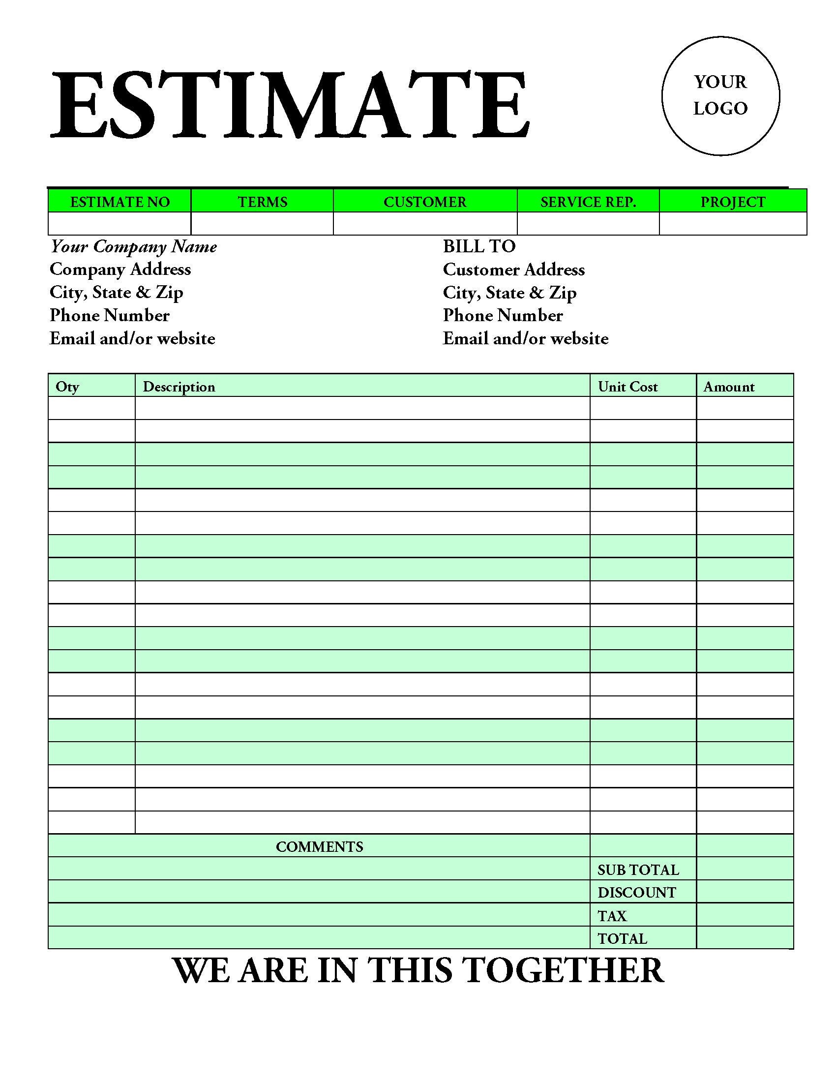 ESTIMATE-INVOICE Template | Vivid Green | Printable | Editable ...