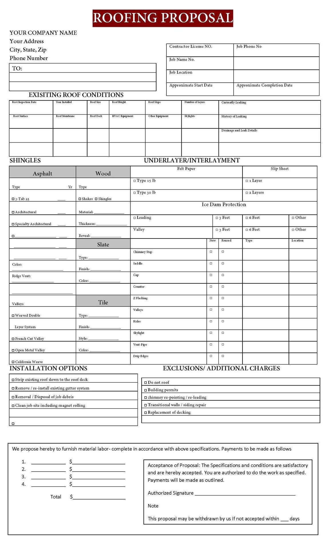 Roofing Proposal Templates PRINTABLE FORM 8.5 by 14 Legal Document top ...