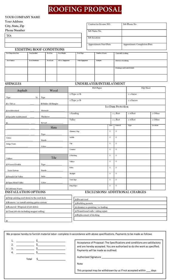 Roofing Proposal Templates PRINTABLE FORM 8.5 by 14 Legal | Etsy