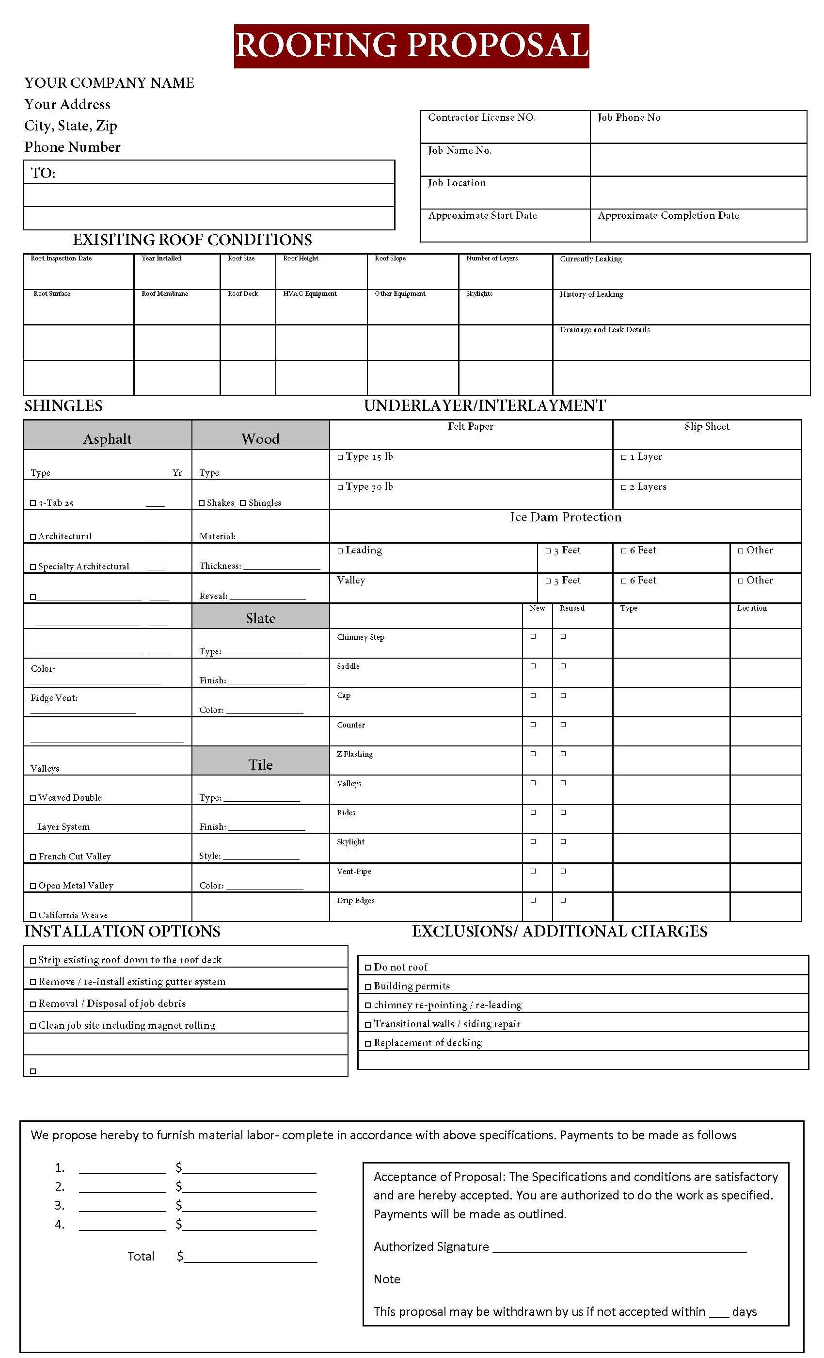 Roofing Proposal Templates PRINTABLE FORM 8.5 by 14 Legal Document top ...