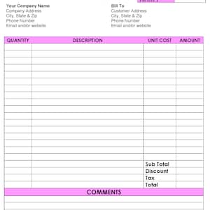 ESTIMATE-INVOICE Template | Dark-light Pink Aqua | Printable Form ...