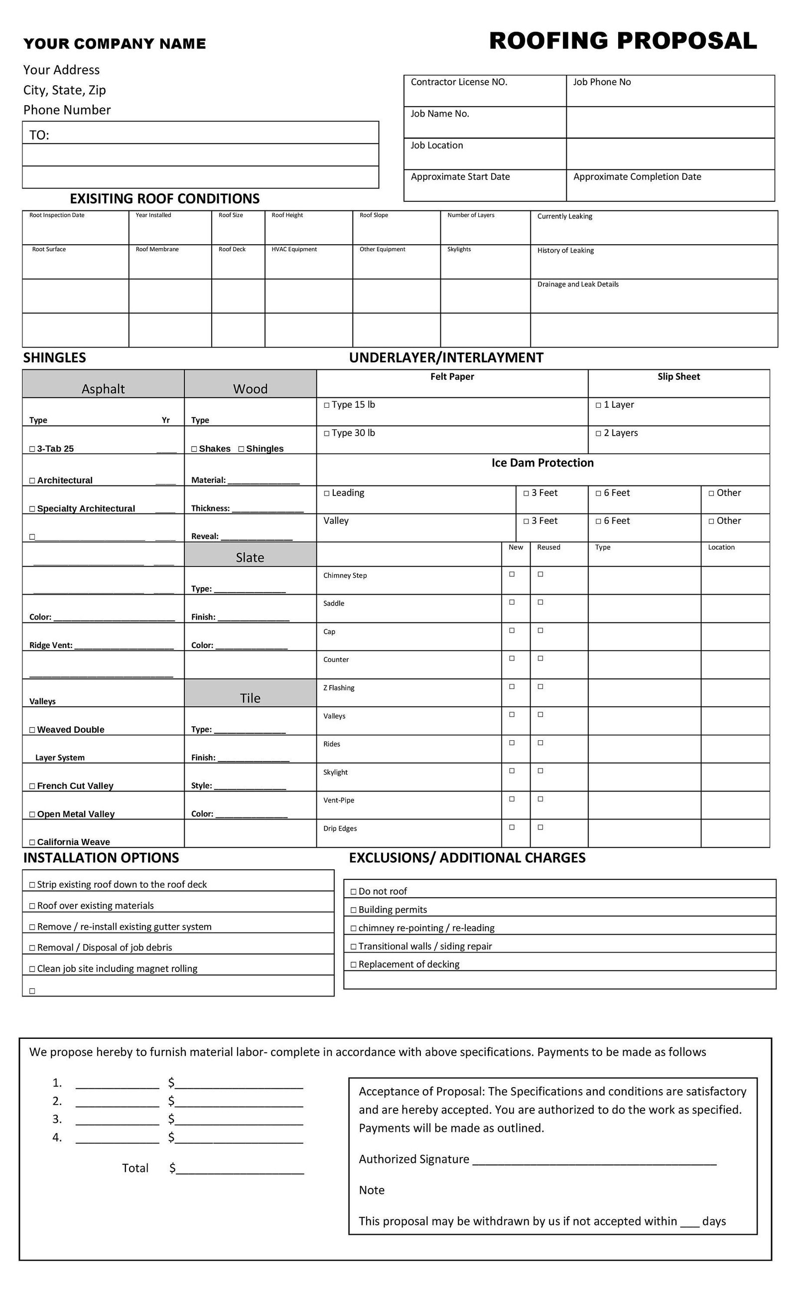 Roofing Proposal Templates | PRINTABLE FORM (8.5 by 14) Legal Document ...