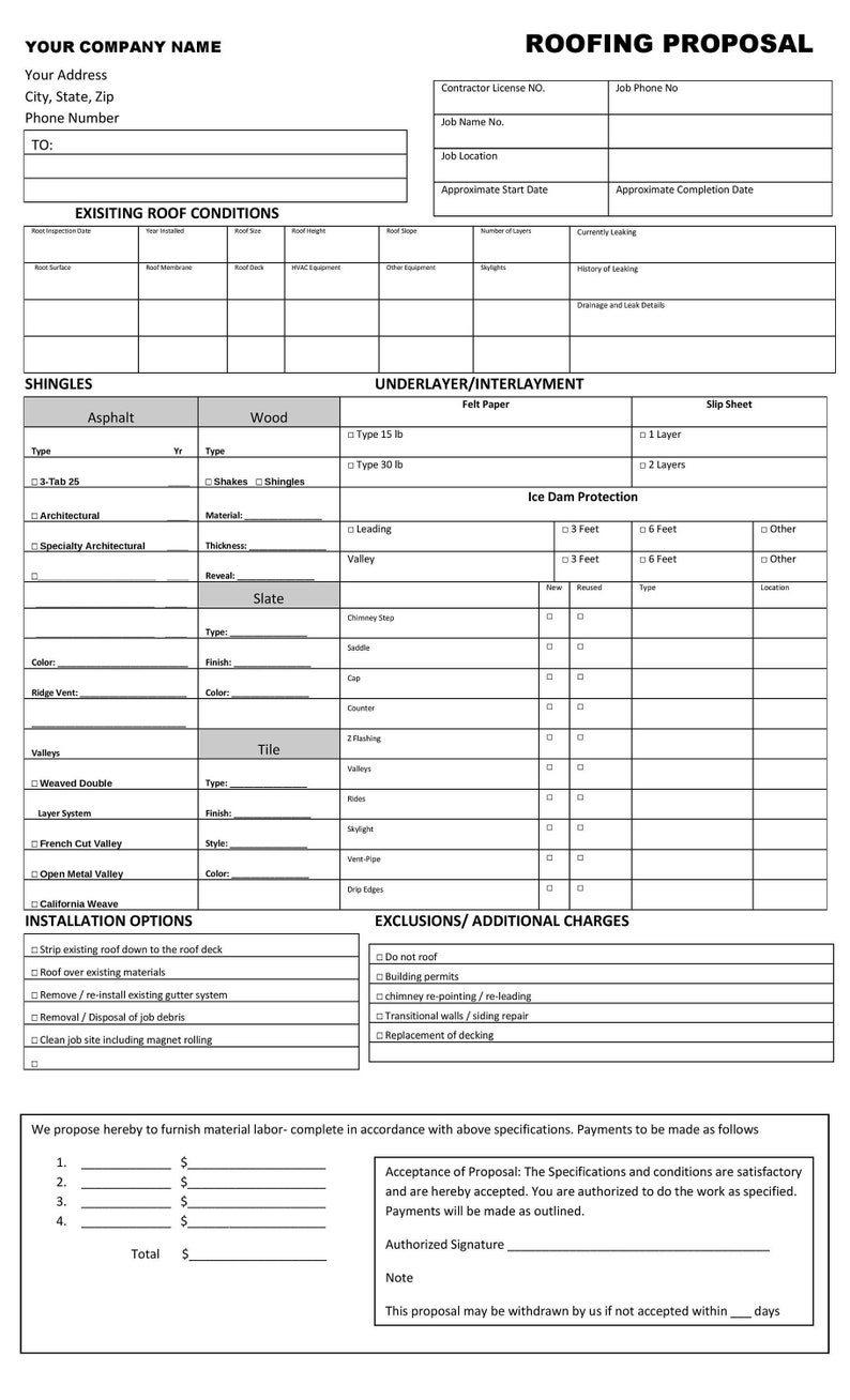 Roofing Proposal Templates | PRINTABLE FORM (8.5 by 14) Legal Document ...