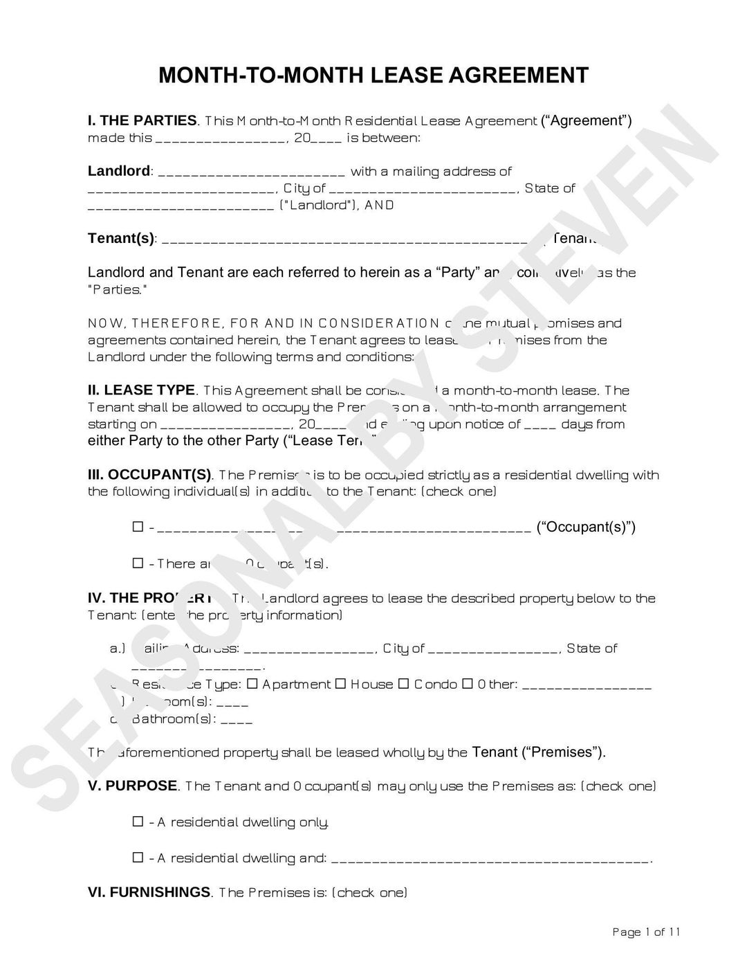 Month-to-month Rental Agreement Form , Instant Download, Contract ...