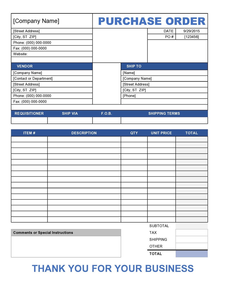 Editable Purchase Order Template – US Letter & A4 (digital Form) - Etsy