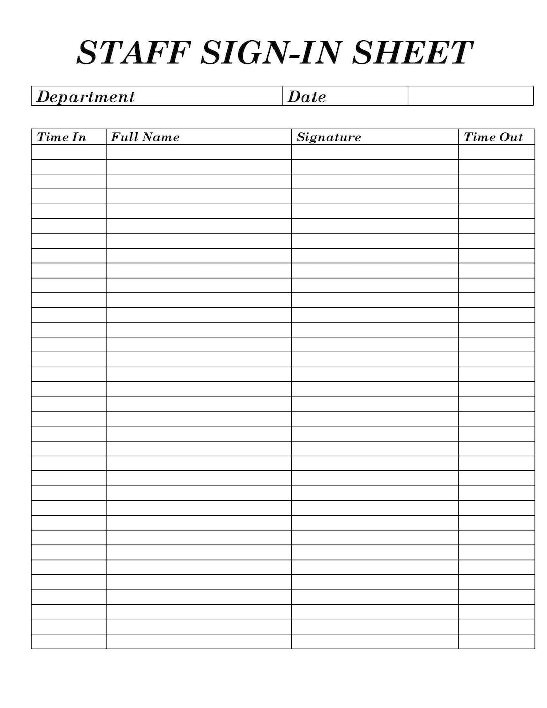 Staff Sign in Sheet Printable Form, Digital File, Instant Download ...