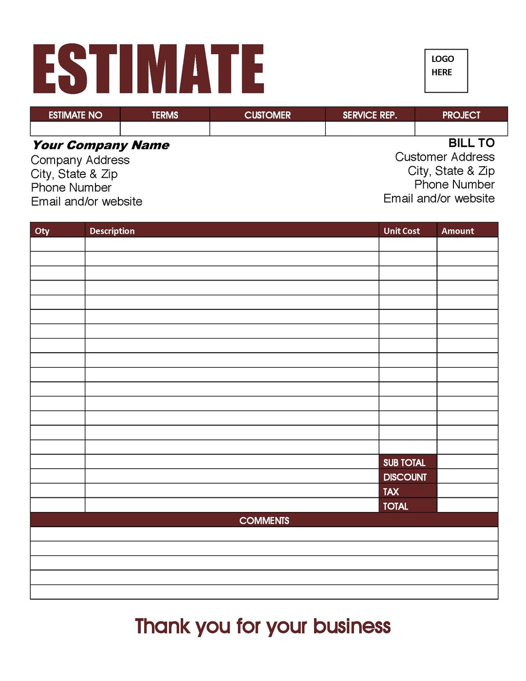 ESTIMATE-INVOICE Template | Dark Red | Printable Form | Editable ...