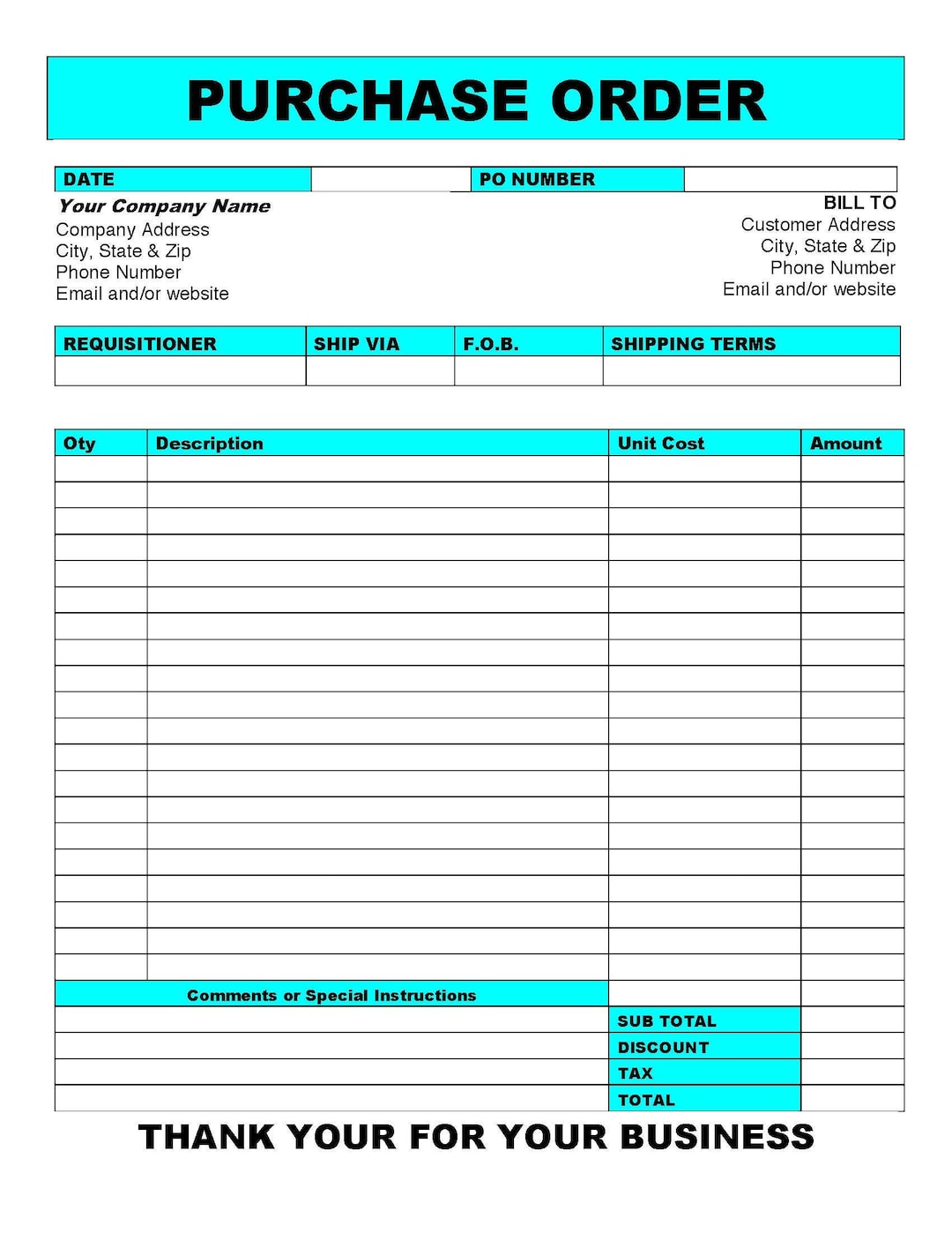 Purchase Order Template - Editable Microsoft Word Template - Professional Business Form - Order ...